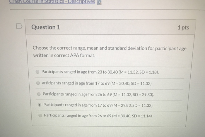 Solved Crash Course in Statistics - Descriptives Question 1 | Chegg.com