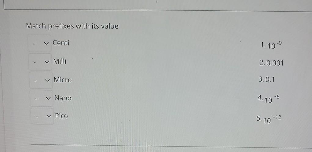 Solved Match prefixes with its value v Centi 1.10-9 Milli | Chegg.com