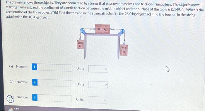 Solved The drawing shows three objects. They are connected | Chegg.com