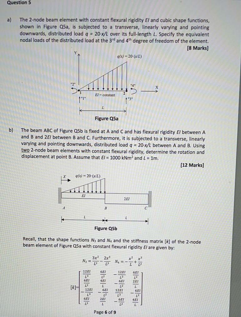 Solved Question 5 a) The 2-node beam element with constant | Chegg.com