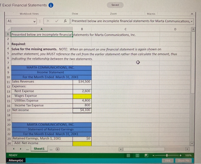 Solved Excel Financial Statements "All answers must be | Chegg.com