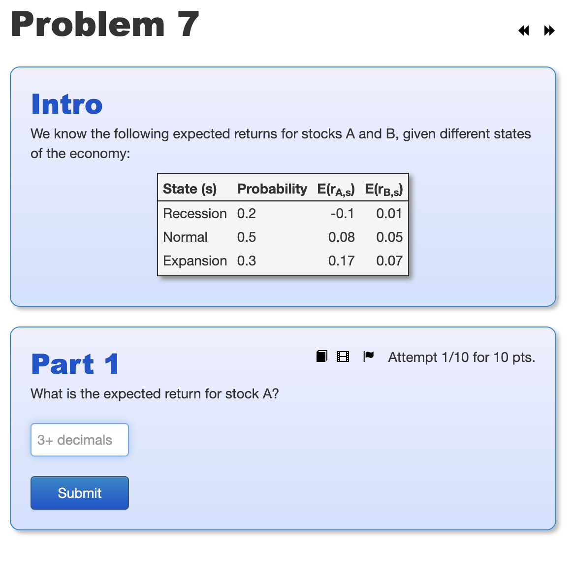 Solved We know the following expected returns for stocks A | Chegg.com