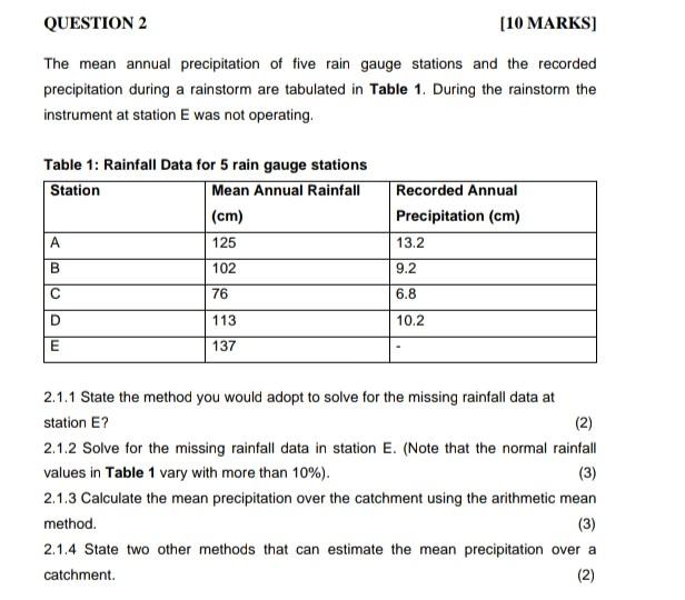 Solved QUESTION 2 [10 MARKS] The mean annual precipitation | Chegg.com