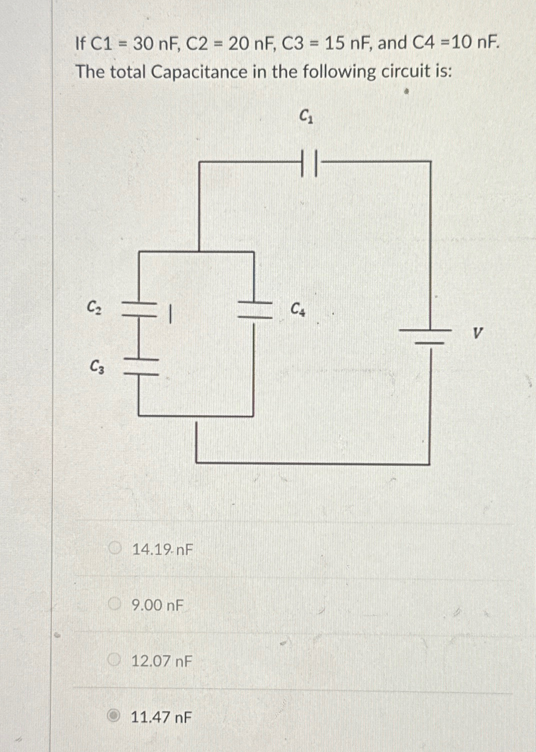 Solved If C1=30nF,C2=20nF,C3=15nF, ﻿and C4=10nF. ﻿The total | Chegg.com