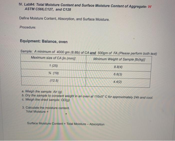 IV. Lab#4: Total Moisture Content and Surface | Chegg.com