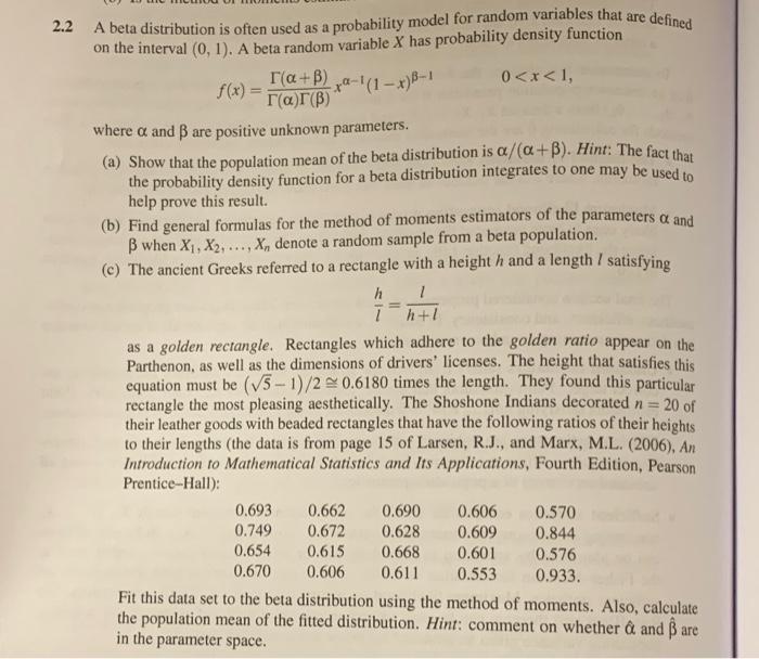 Solved 2.2 A beta distribution is often used as a | Chegg.com