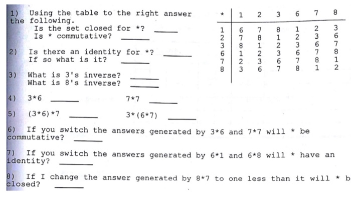 Solved * 1 3 6 7 8 N 1) Using the table to the right answer | Chegg.com