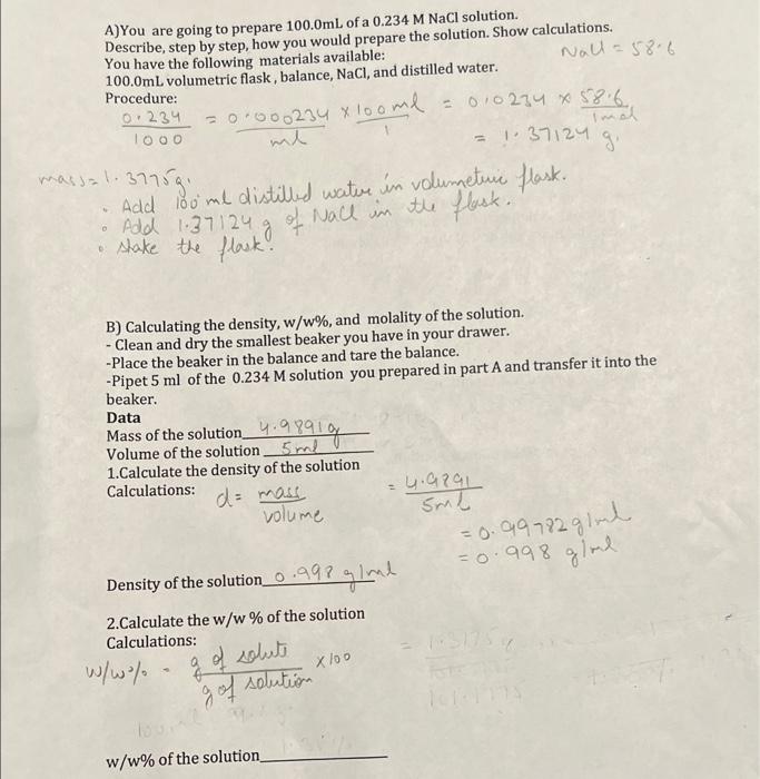 Solved A) You are going to prepare 100.0mL of a 0.234 M NaCl | Chegg.com