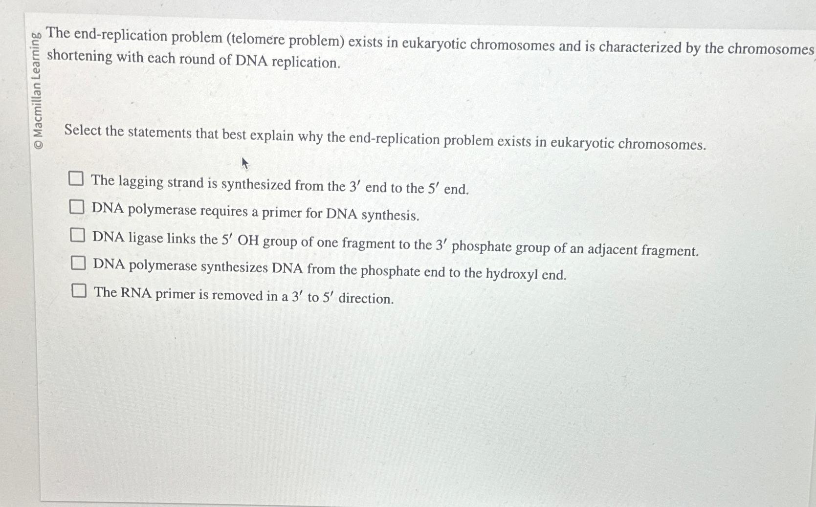 Solved The end-replication problem (telomere problem) | Chegg.com