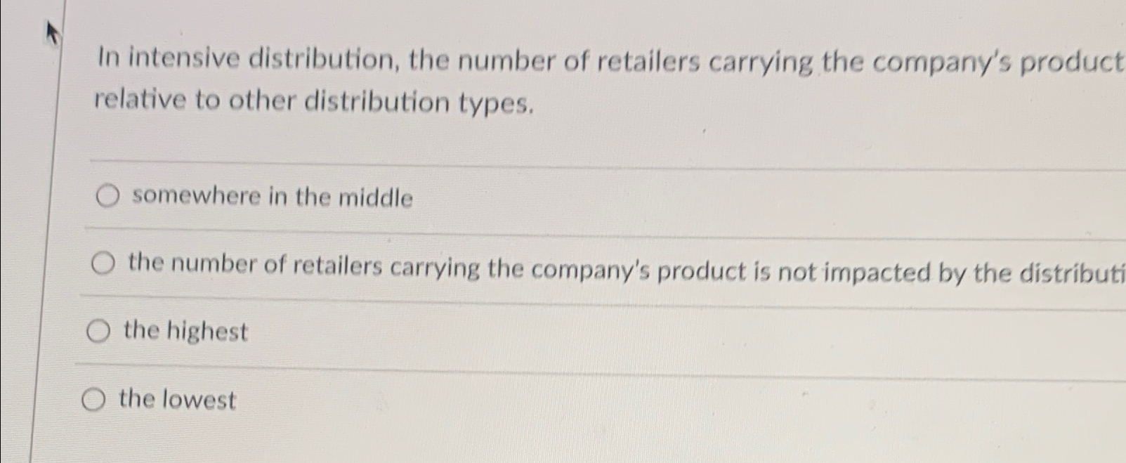 Solved In intensive distribution, the number of retailers | Chegg.com