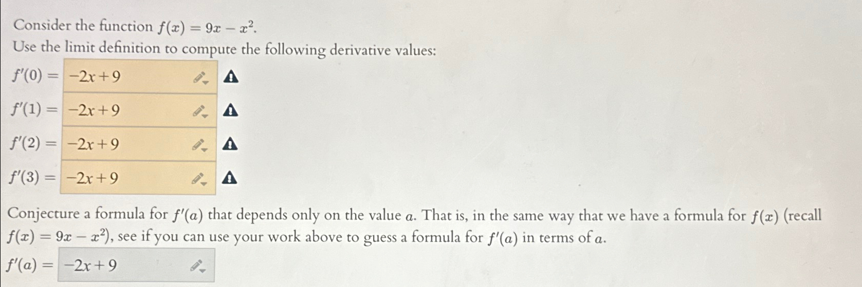 Solved Consider the function f(x)=9x-x2.Use the limit | Chegg.com