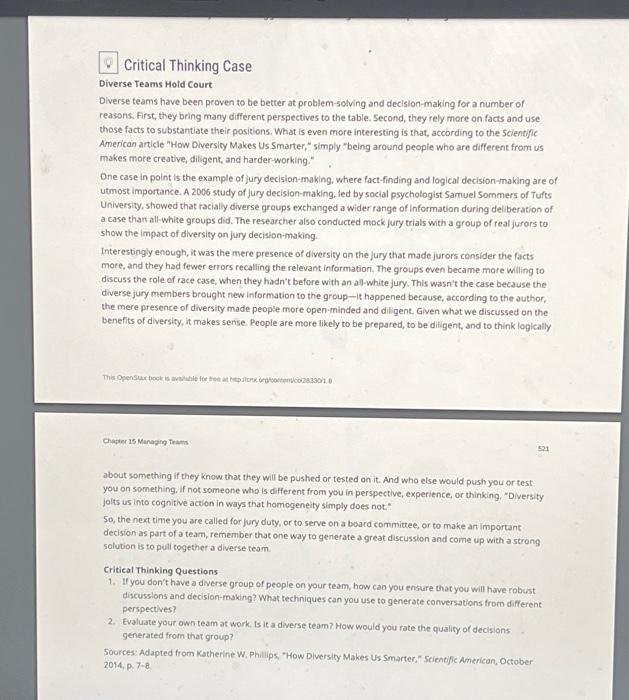 Solved Critical Thinking Case Diverse Teams Hold Court | Chegg.com