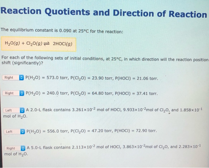 Solved Reaction Quotients and Direction of Reaction The | Chegg.com