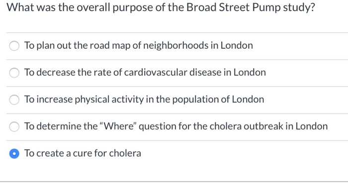 Solved What was the overall purpose of the Broad Street Pump | Chegg.com