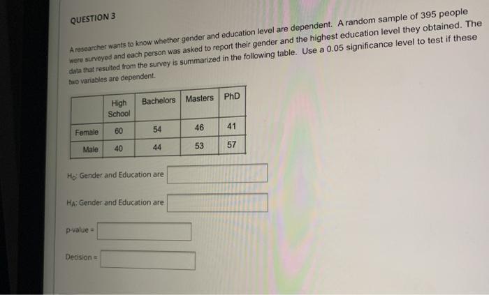 Solved Question 3 A Researcher Wants To Know Whether Gender