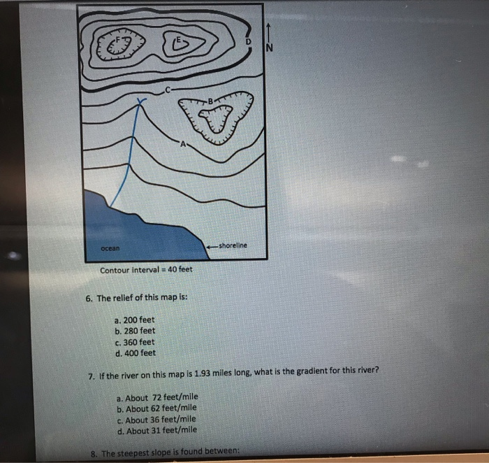 Solved shoreline ocean Contour interval 40 feet 6. The | Chegg.com