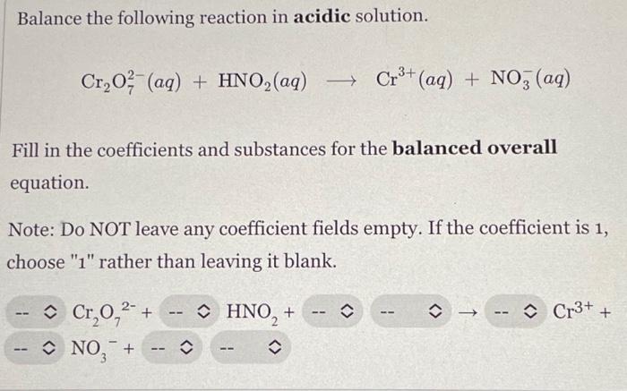 Solved Balance the following reaction in acidic solution. | Chegg.com