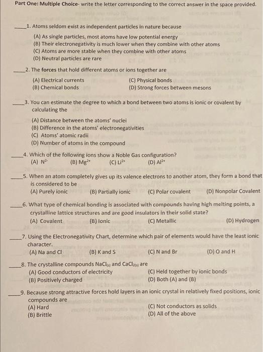 Solved Part One: Multiple Choice-write the letter | Chegg.com