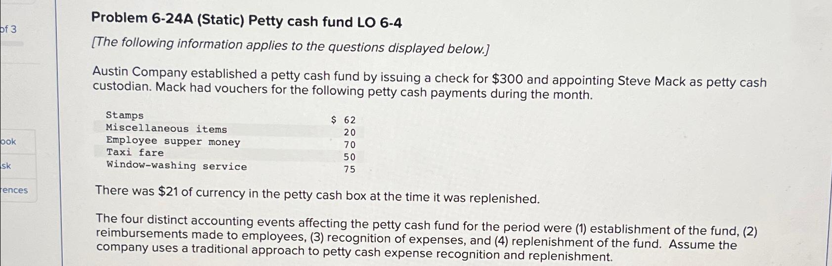 Solved Problem 6-24A (Static) Petty cash fund LO 6-4\\n[The | Chegg.com