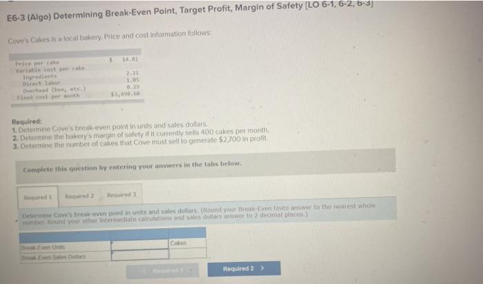 Solved E6-3 (Algo) Determining Break-Even Point, Target | Chegg.com