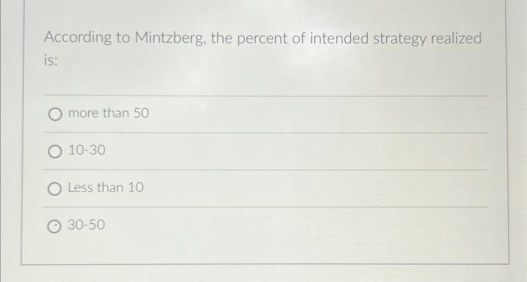 Solved According to Mintzberg, the percent of intended | Chegg.com