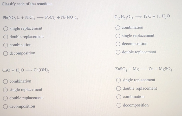 Solved Classify each of these reactions. Ba(CIOZ), — BaCl, + | Chegg.com