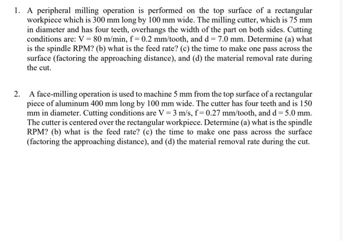 Solved 1. A peripheral milling operation is performed on the | Chegg.com