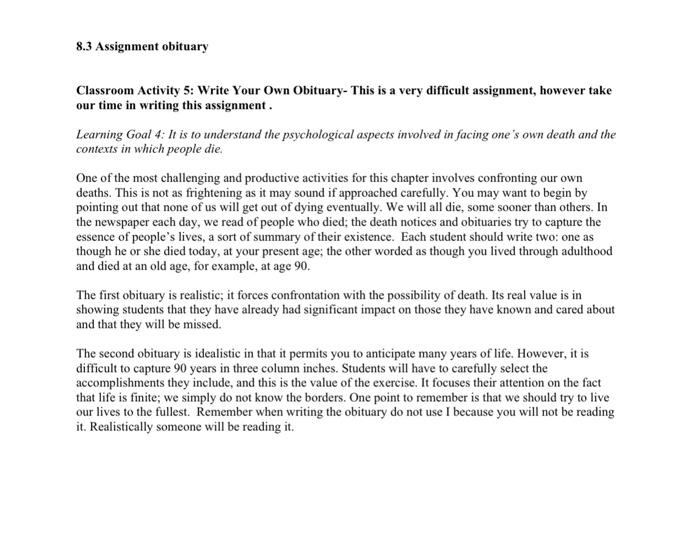 Classroom Activity 5: Write Your Own Obituary- This | Chegg.com
