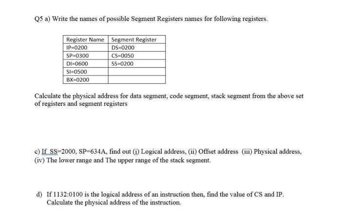 Solved QS a) Write the names of possible Segment Registers | Chegg.com
