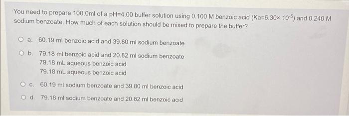 Solved You need to prepare 100.0ml of a pH=4.00 buffer | Chegg.com