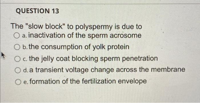 Solved QUESTION 13 The "slow block" to polyspermy is due to | Chegg.com