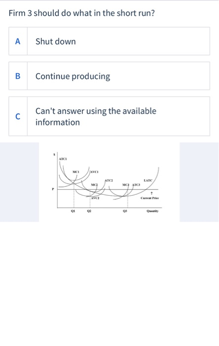 Solved Firm 3 should do what in the short run? A Shut down | Chegg.com