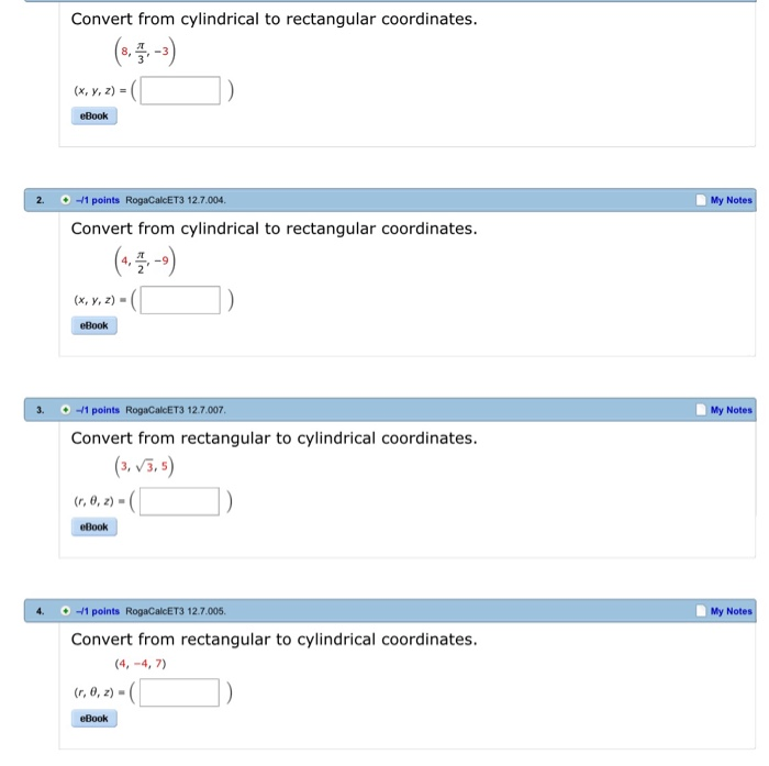 Solved Convert from cylindrical to rectangular coordinates. | Chegg.com