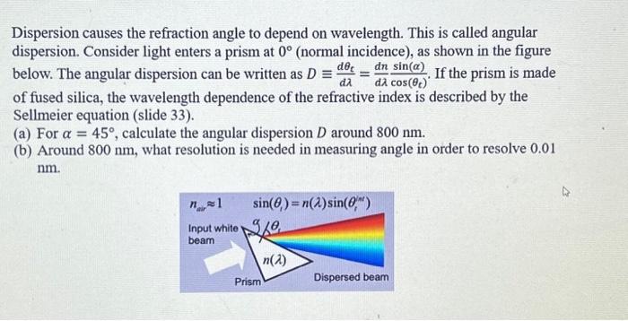 Solved Dispersion causes the refraction angle to depend on | Chegg.com