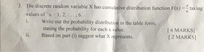 Solved 3. The discrete random variable X has cumulative | Chegg.com