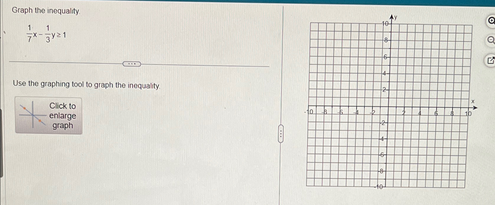 Solved Graph the inequality.17x-13y≥1Use the graphing tool | Chegg.com