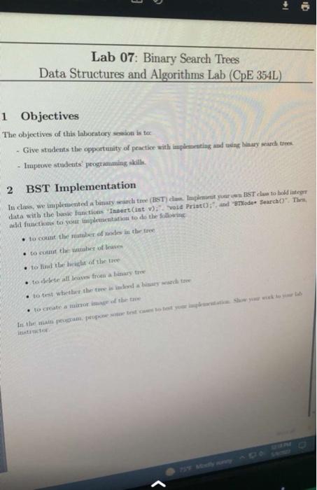 Lab 07: Binary Search Trees Data Structures and | Chegg.com
