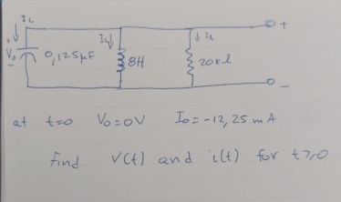 Solved at t=0,V0=0V,I0=-12,25mAFind V(t) ﻿and i(t) ﻿for t≥0 | Chegg.com