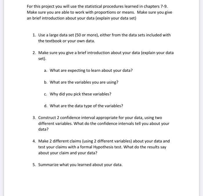 Solved For this project you will use the statistical | Chegg.com