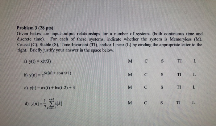 Solved Problem 3 (28 pts) Given below are input-output | Chegg.com