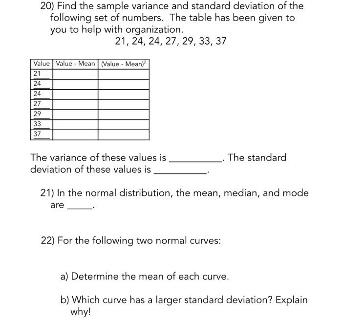 Solved 20) Find the sample variance and standard deviation | Chegg.com