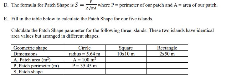 D. ﻿The formula for Patch Shape is S=P2πA2 ﻿where P= | Chegg.com