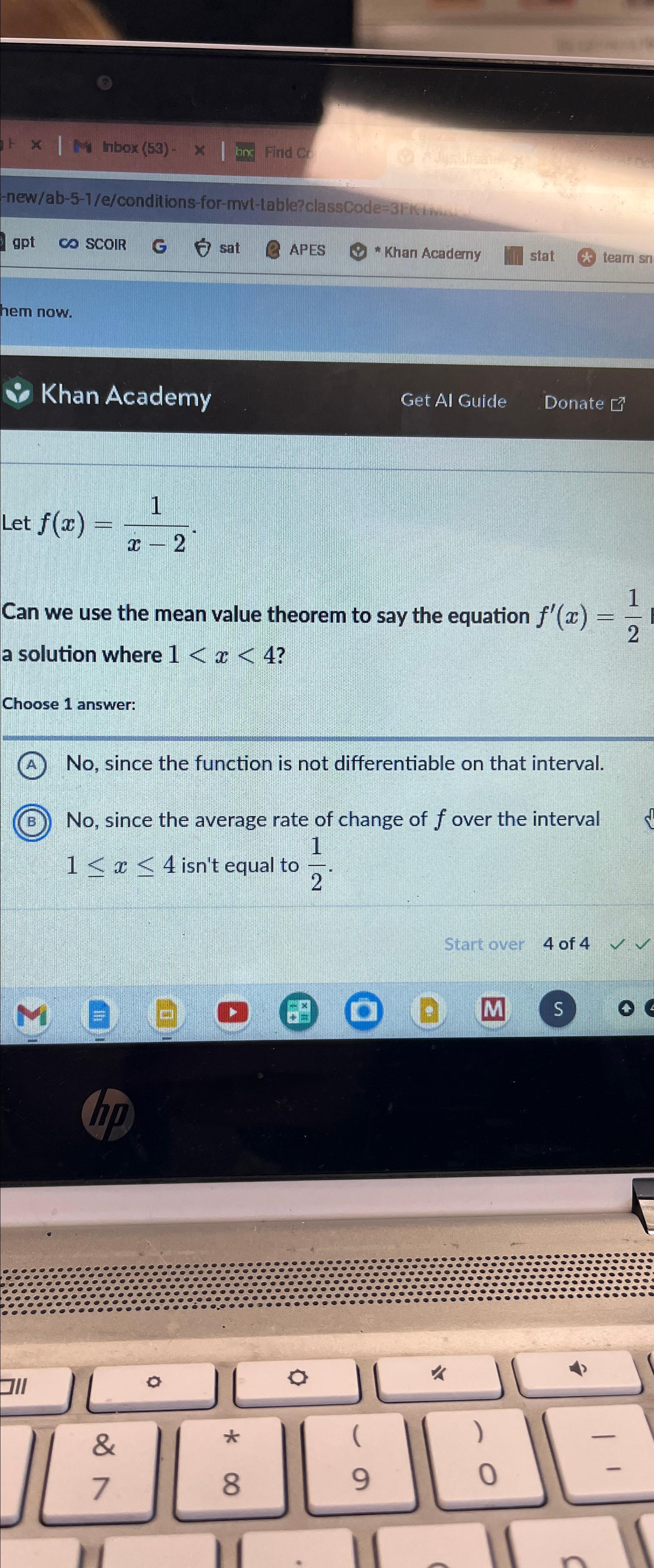 Solved Khan AcademyGet Al GuideDonate Let f(x)=1x-2Can we | Chegg.com