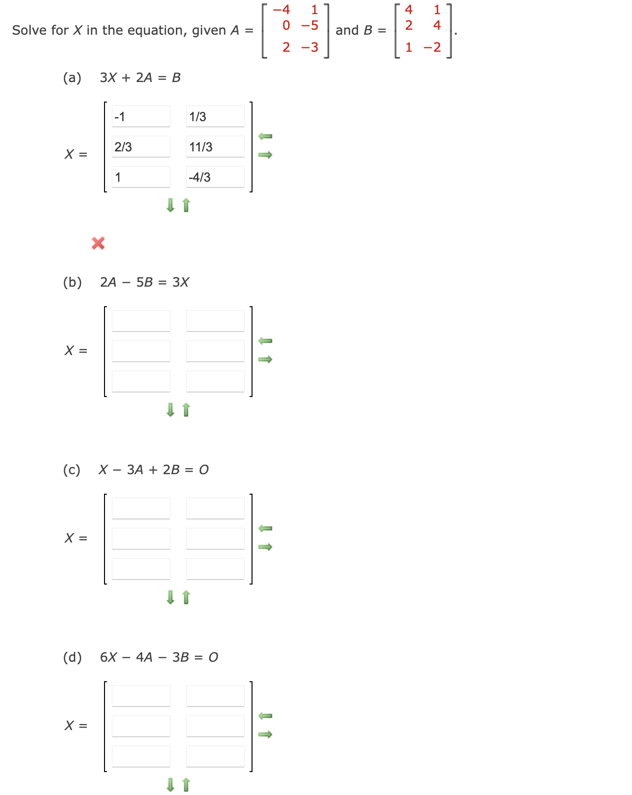 Solved Solve for x ﻿in the equation, given A=[-410-52-3] | Chegg.com