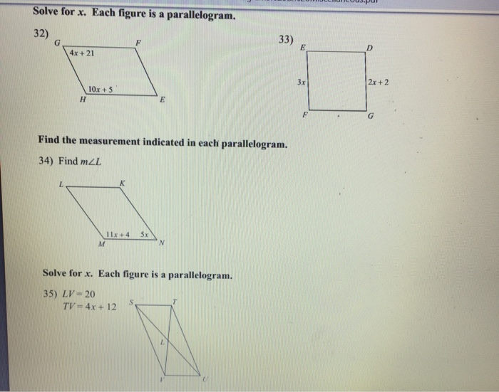 Solved Solve for X. Each figure is a parallelogram. 33) | Chegg.com
