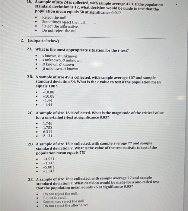 Solved 1A. What is the most appropriate situation for the | Chegg.com