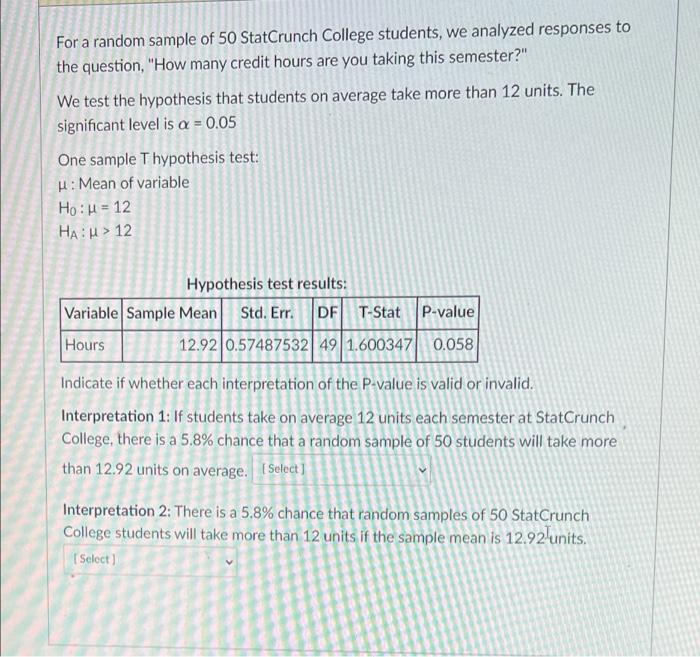 Solved For a random sample of 50 StatCrunch College | Chegg.com