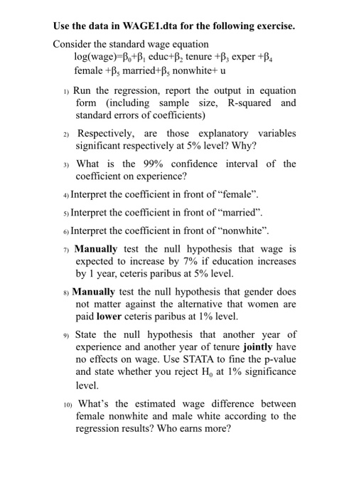 Solved Use the data in WAGE1.dta for the following exercise. | Chegg.com