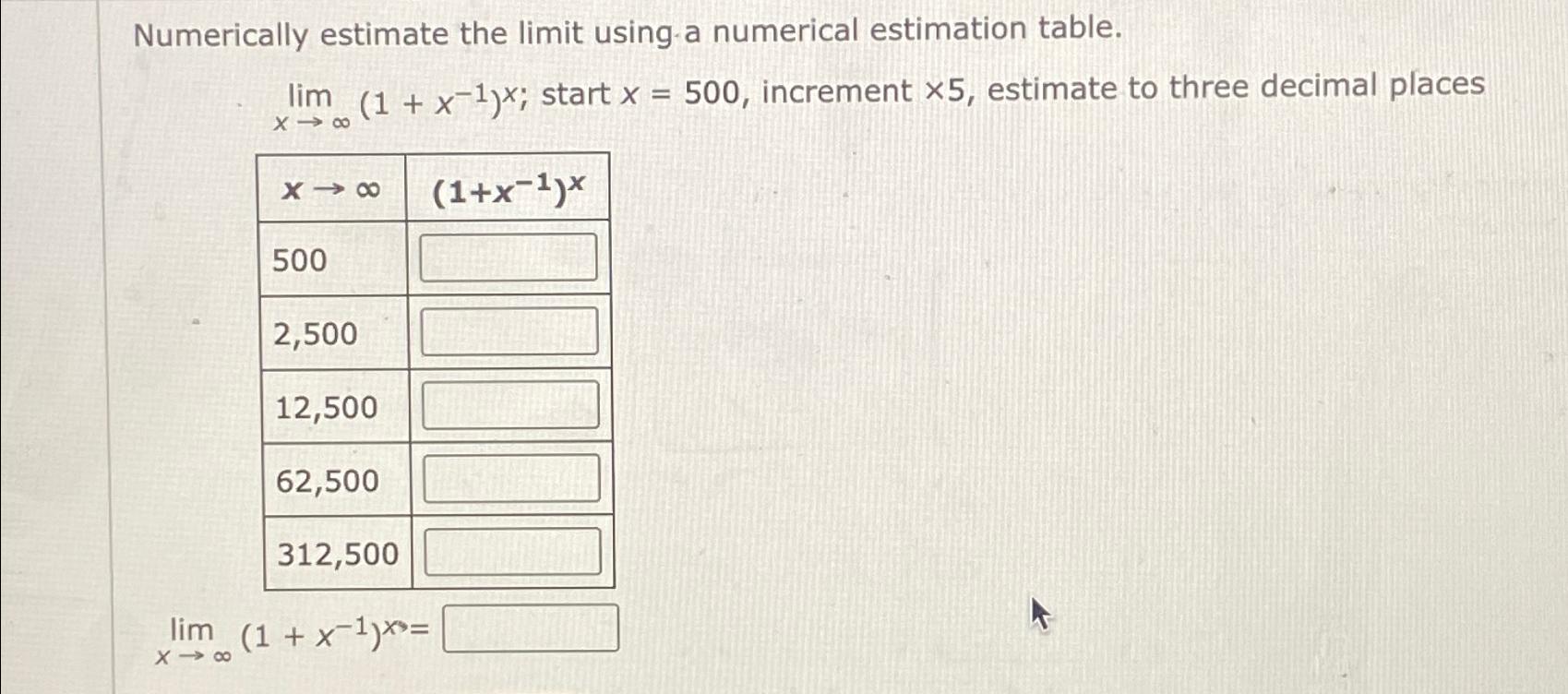 Solved Numerically estimate the limit using a numerical | Chegg.com Solved Numerically estimate the limit using a numerical | Chegg.com