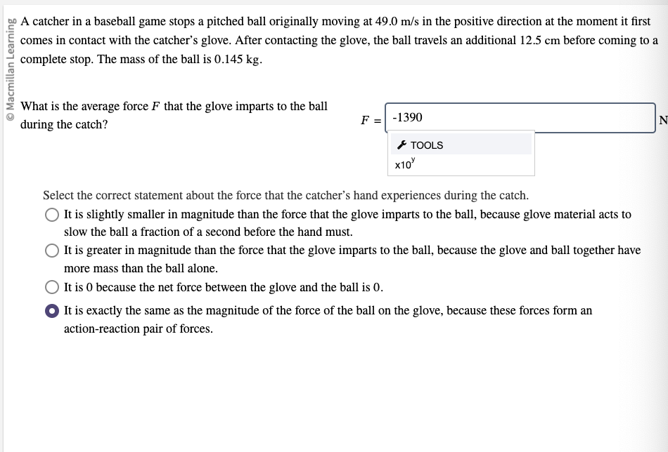 Solved A catcher in a baseball game stops a pitched ball | Chegg.com